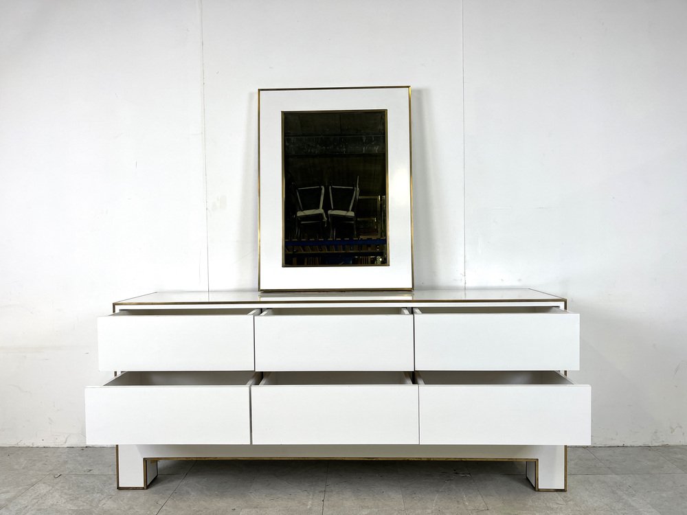 White Lacquered Credenza attributed to Alain Delon with Mirror, 1970s ...