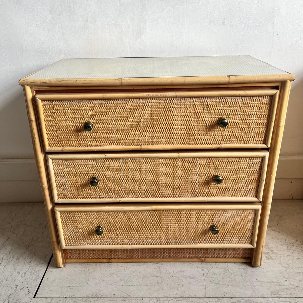 Mid-Century Rattan 3 Drawer Chest of Drawers for sale at Pamono