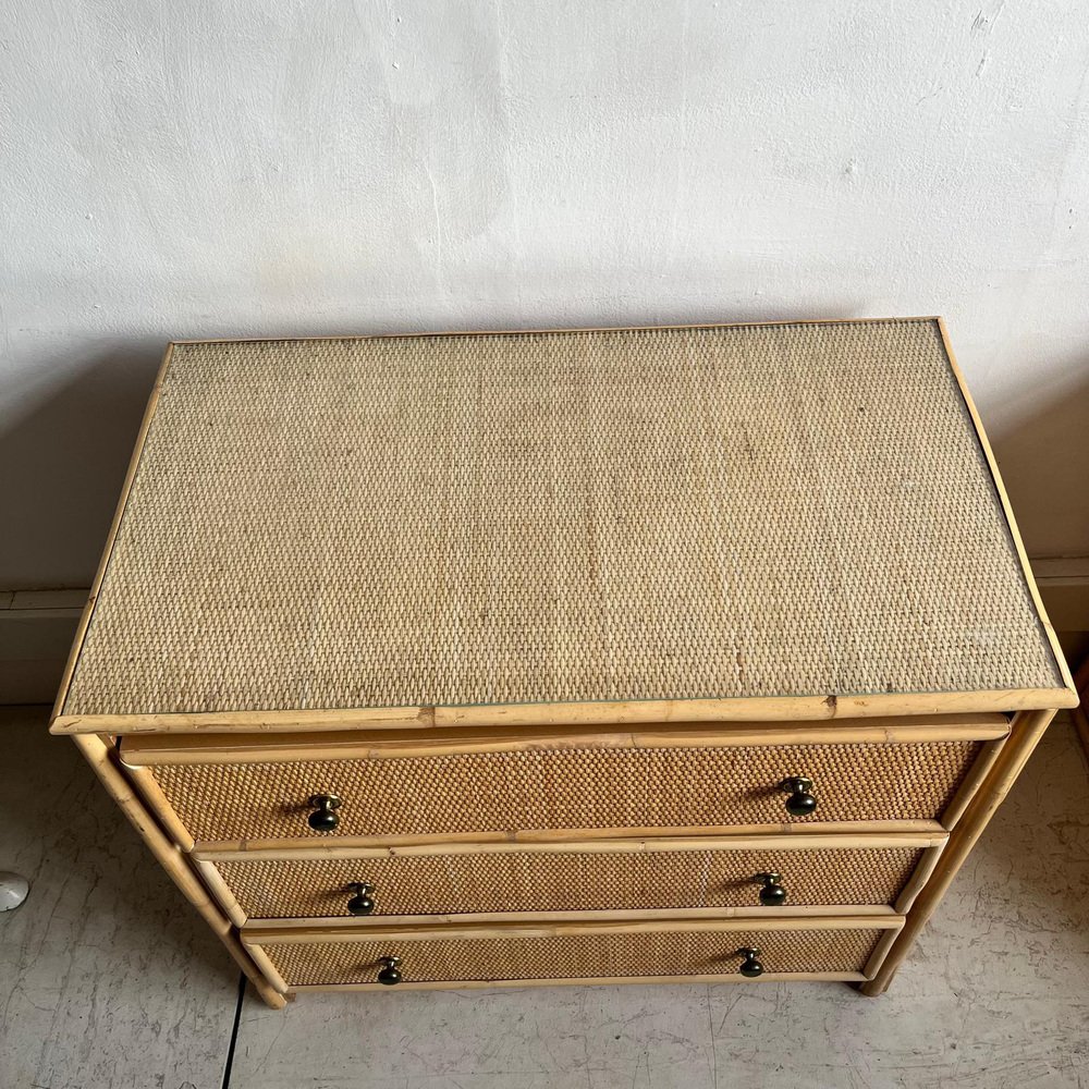 Mid-Century Rattan 3 Drawer Chest of Drawers for sale at Pamono
