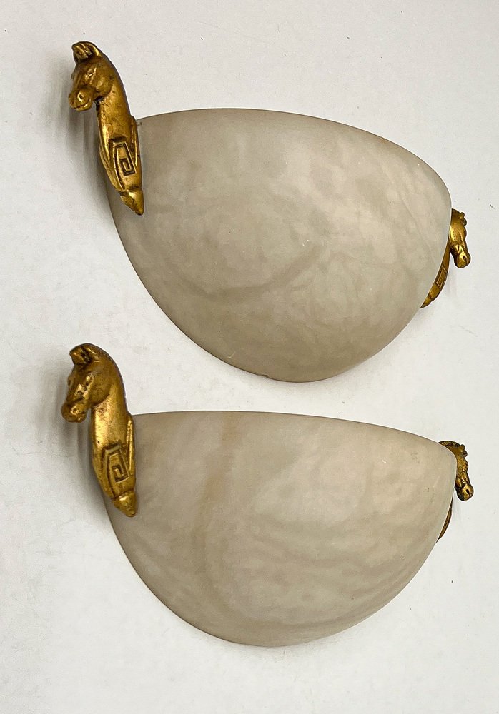 Half Dome Alabaster Wall Lights with Horse Decoration, 1960s, Set of 2 ...
