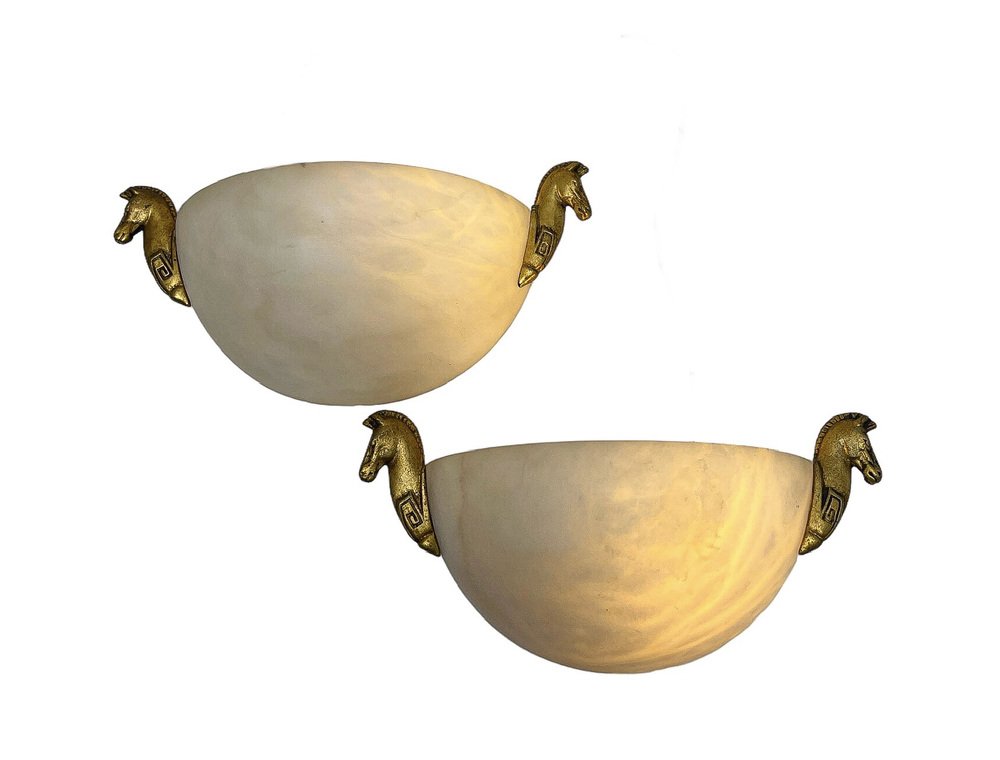 Half Dome Alabaster Wall Lights with Horse Decoration, 1960s, Set of 2 ...