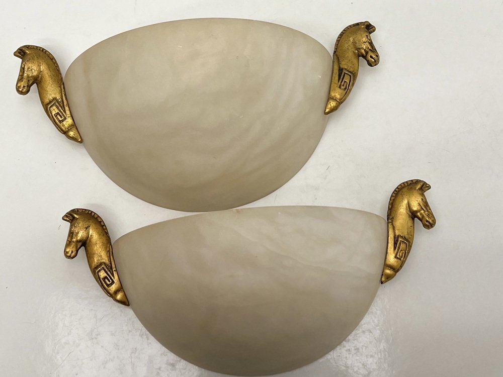 Half Dome Alabaster Wall Lights with Horse Decoration, 1960s, Set of 2 ...