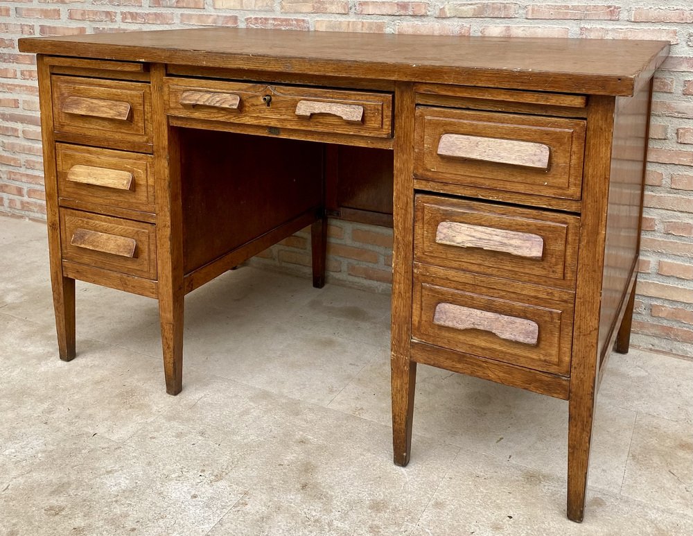 Vintage Oak Desk with Seven Drawers, 1940s for sale at Pamono