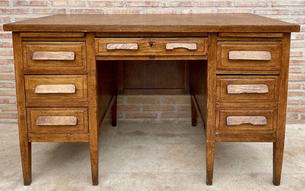 Vintage Oak Desk with Seven Drawers, 1940s for sale at Pamono