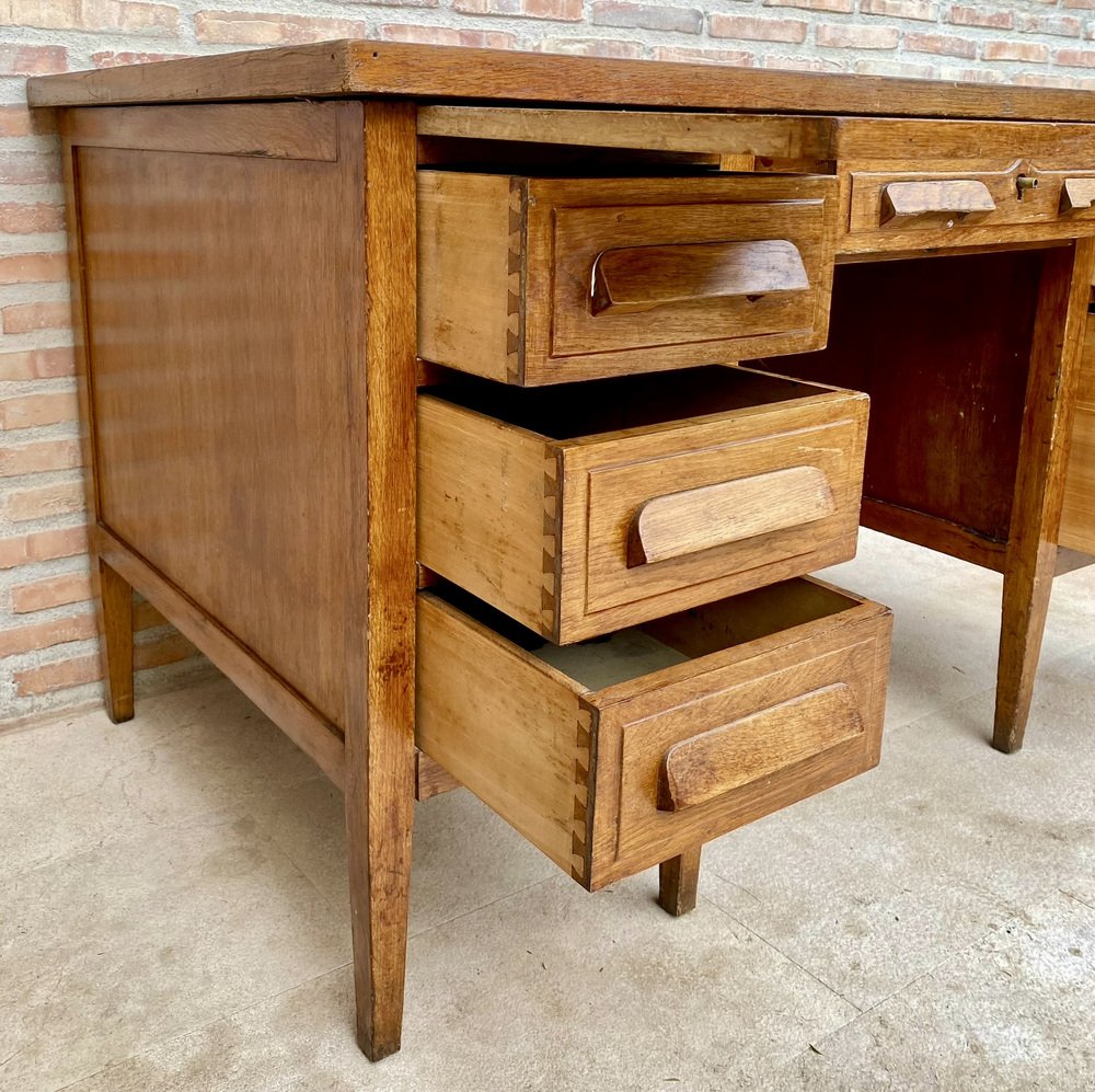 Vintage Oak Desk with Seven Drawers, 1940s for sale at Pamono
