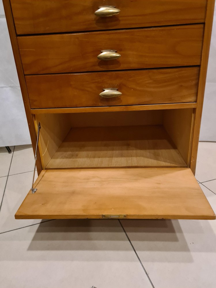 High Chest of Drawers in Wood and Brass, 1950s for sale at Pamono