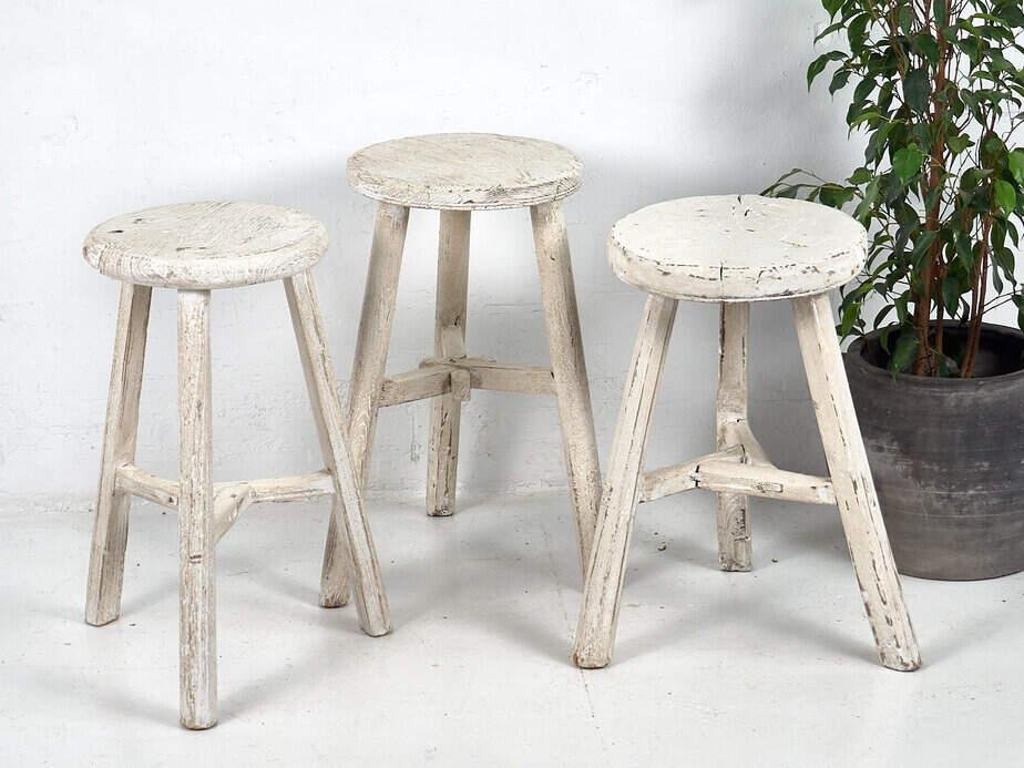 Vintage Round Wooden White Stool for sale at Pamono