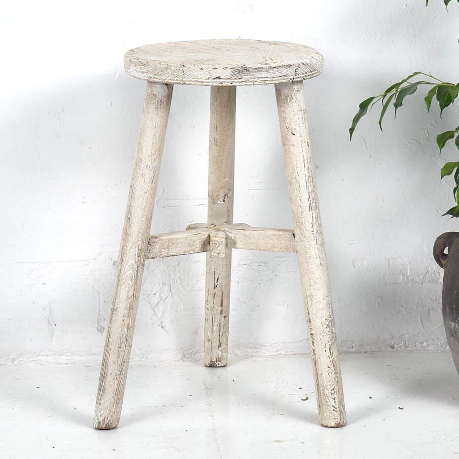 Vintage Round Wooden White Stool for sale at Pamono