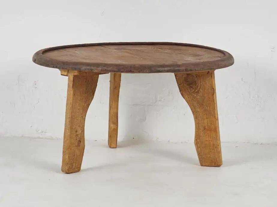 Round Wooden Side Table with Metal Rim, 1920s for sale at Pamono