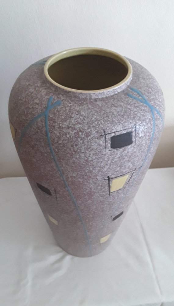 Large Mid-Century German Vase with Colored Geometric Pattern on Glazed ...