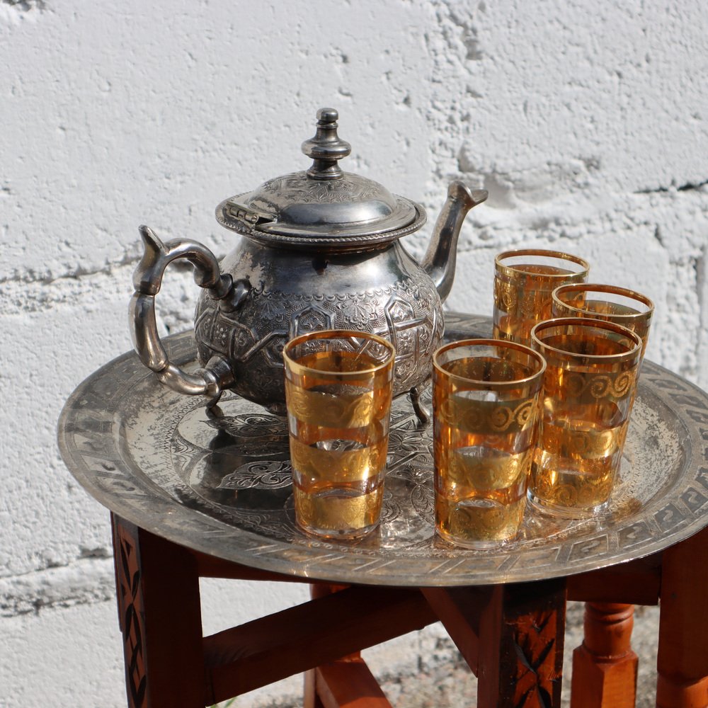 Vintage Moroccan Tea Table Set, 1980s, Set of 8 for sale at Pamono