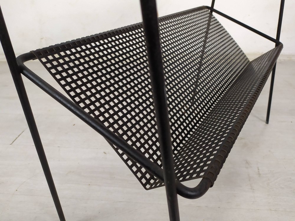 Vintage Perforated Metal Oak Magazine Rack, 1950s for sale at Pamono