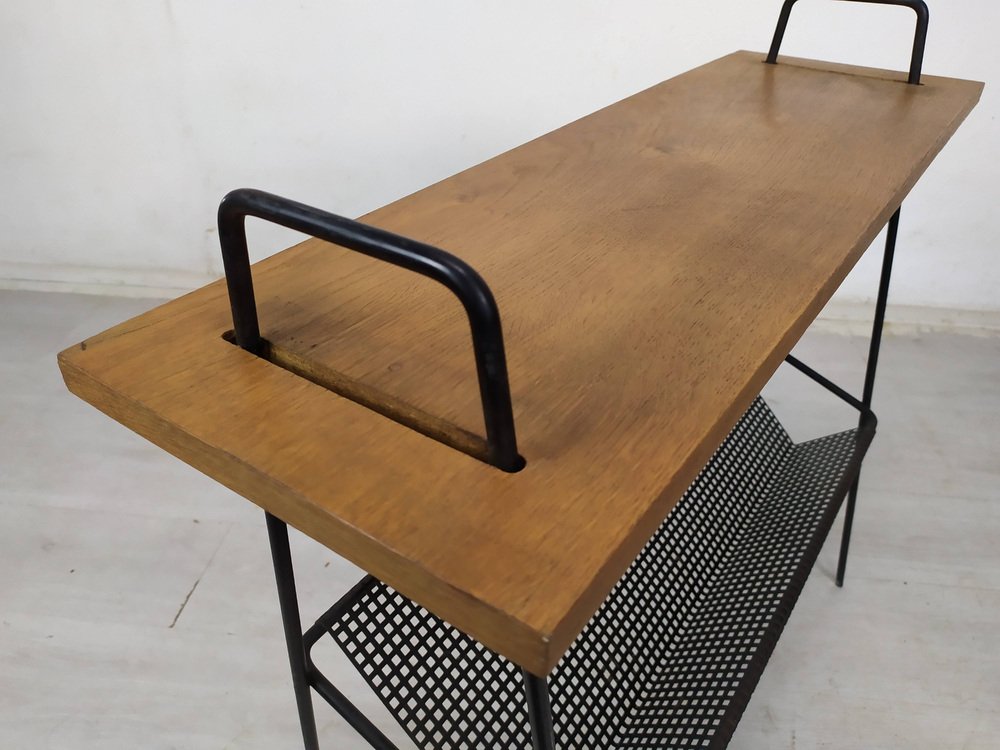 Vintage Perforated Metal Oak Magazine Rack, 1950s for sale at Pamono