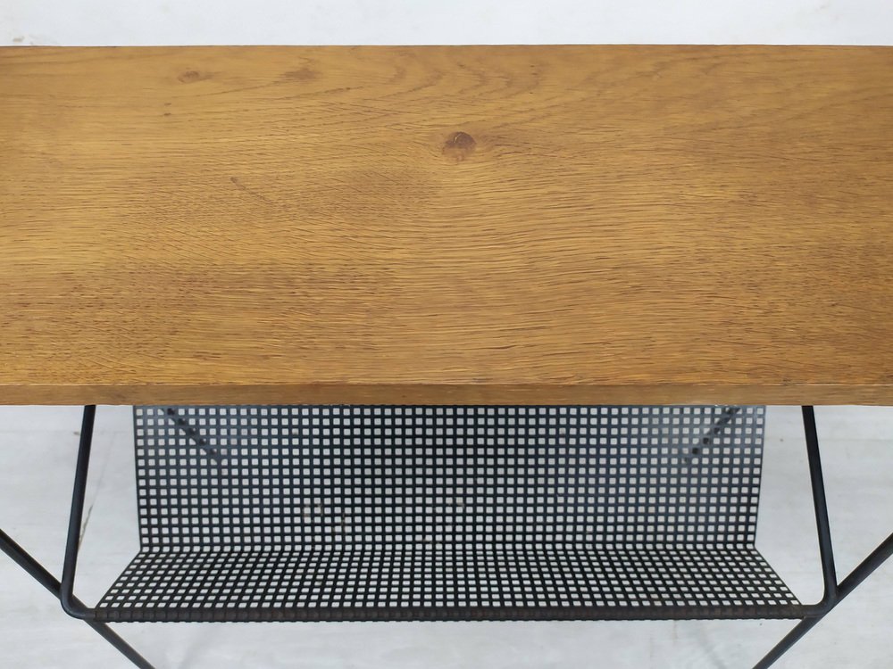 Vintage Perforated Metal Oak Magazine Rack, 1950s for sale at Pamono