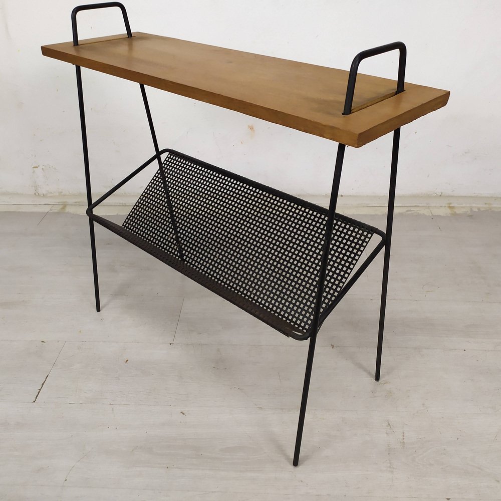 Vintage Perforated Metal Oak Magazine Rack, 1950s for sale at Pamono