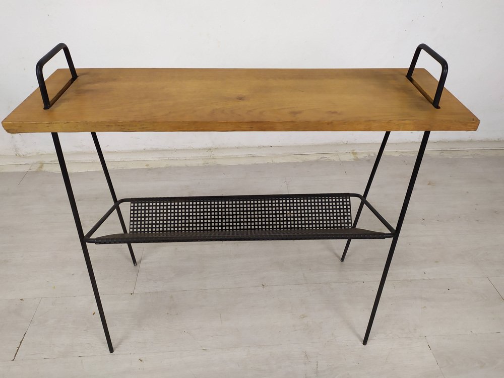 Vintage Perforated Metal Oak Magazine Rack, 1950s for sale at Pamono