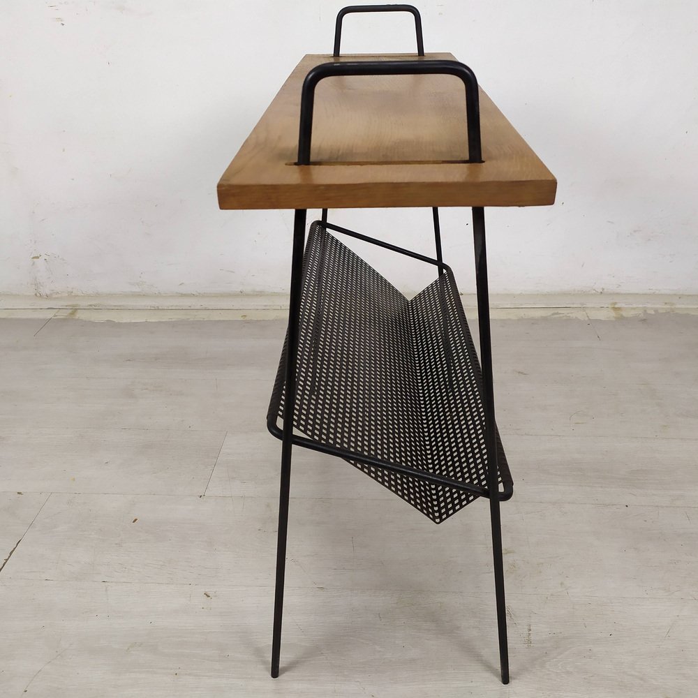 Vintage Perforated Metal Oak Magazine Rack, 1950s for sale at Pamono