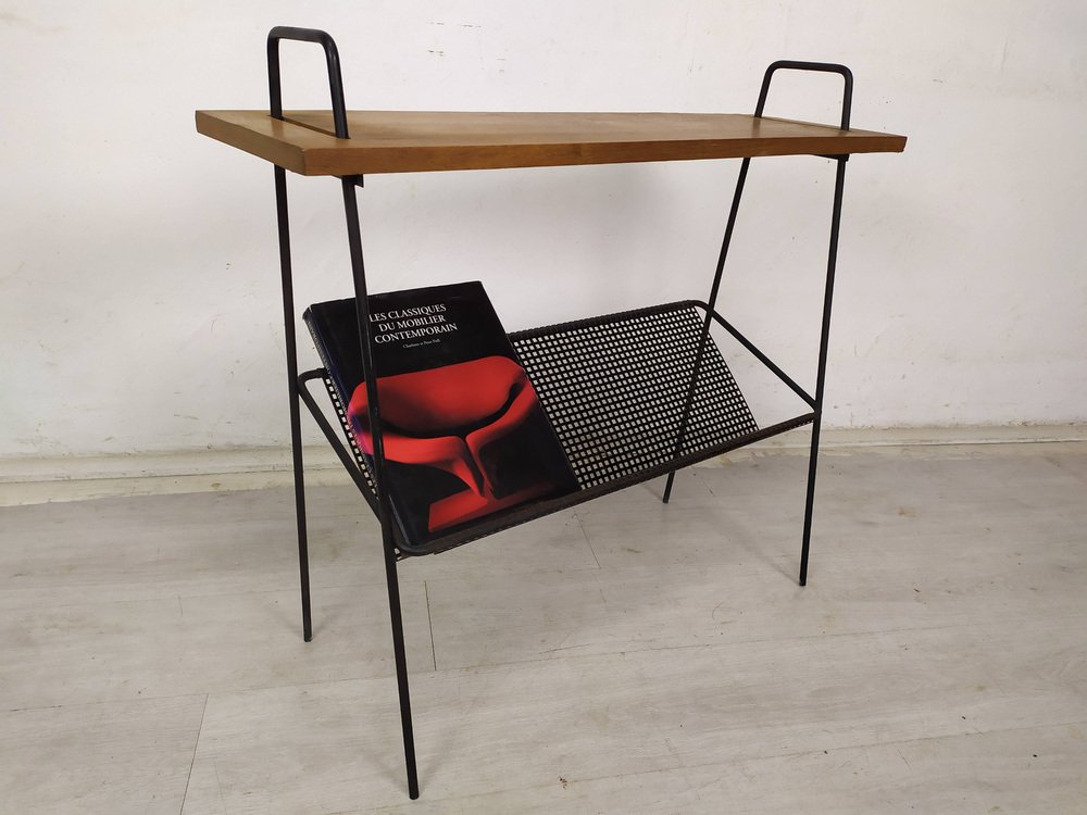 Vintage Perforated Metal Oak Magazine Rack, 1950s for sale at Pamono