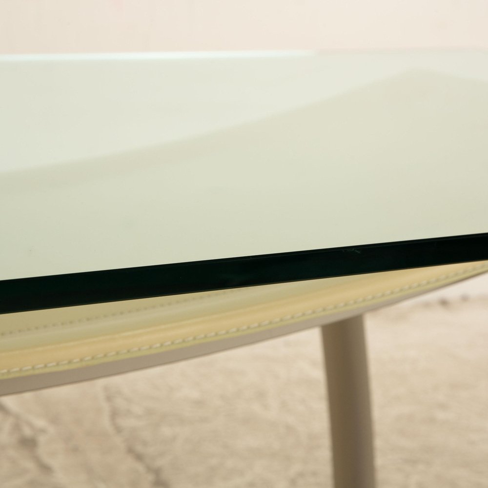 FRAG Glass Dining Table in Silver Cream Leather for sale at Pamono