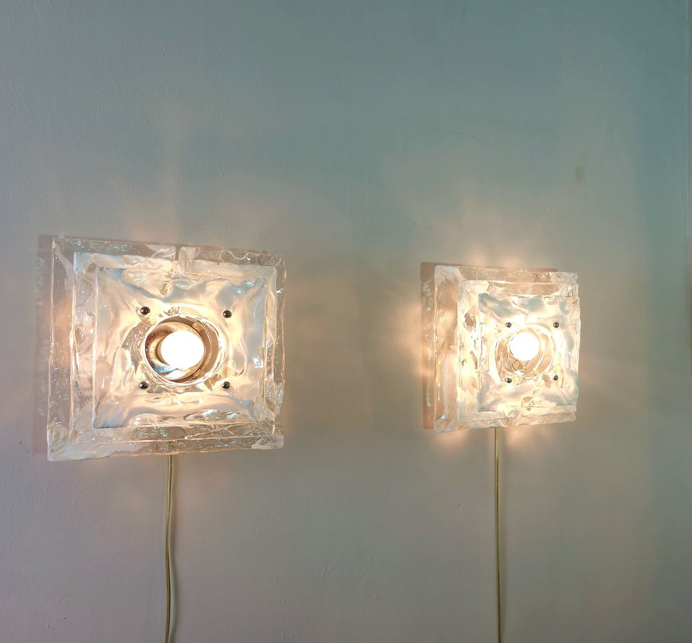 Vintage Wall Lamps in Transparent and White Murano Glass from Mazzega ...
