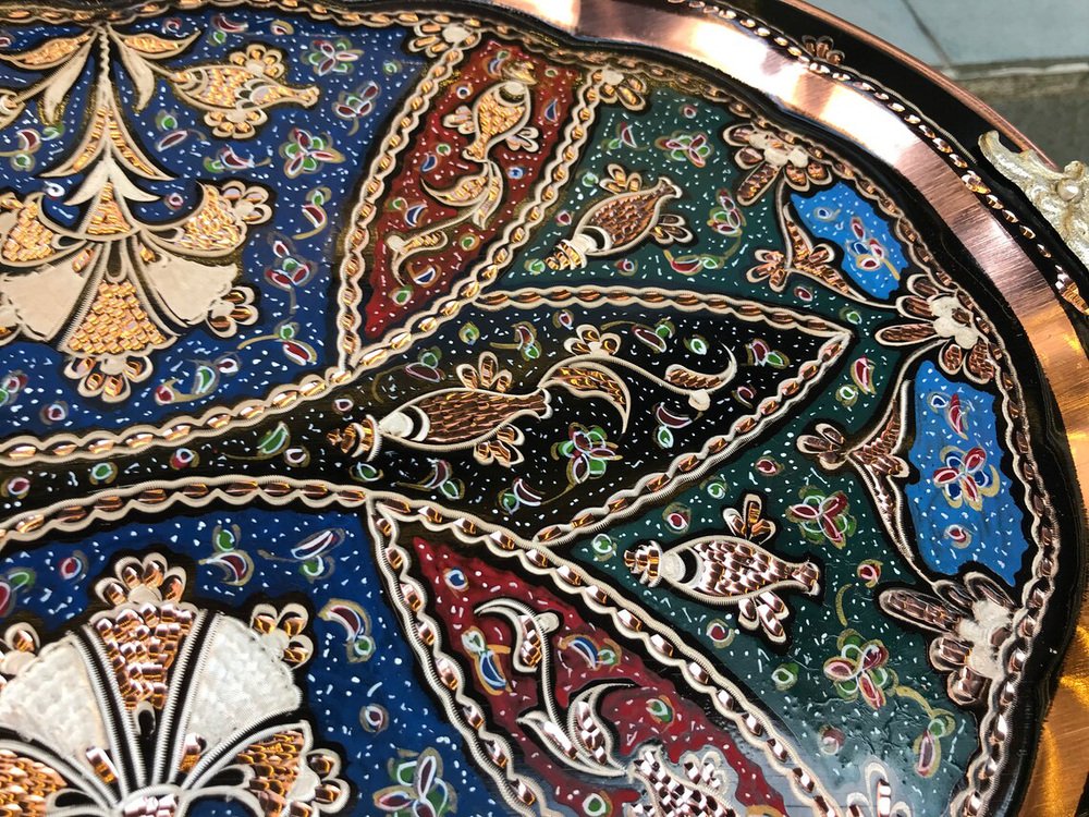 Hand Carved Copper Tray with Handles for sale at Pamono