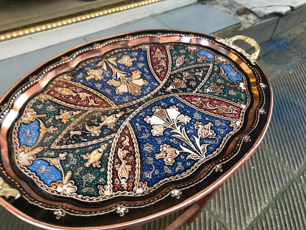 Hand Carved Copper Tray with Handles for sale at Pamono