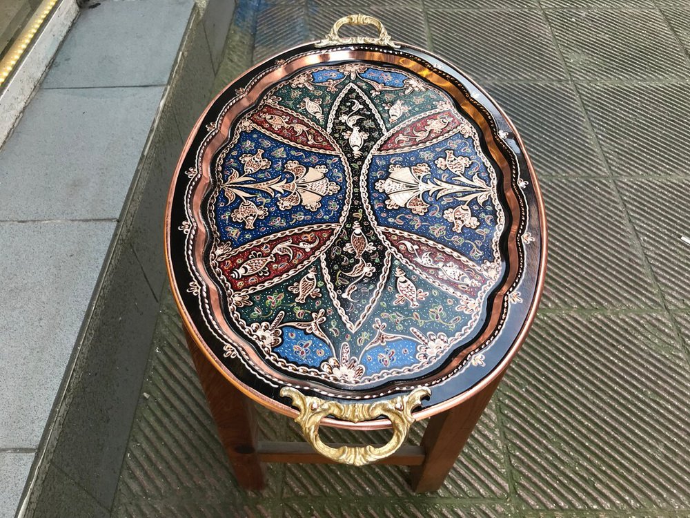 Hand Carved Copper Tray with Handles for sale at Pamono