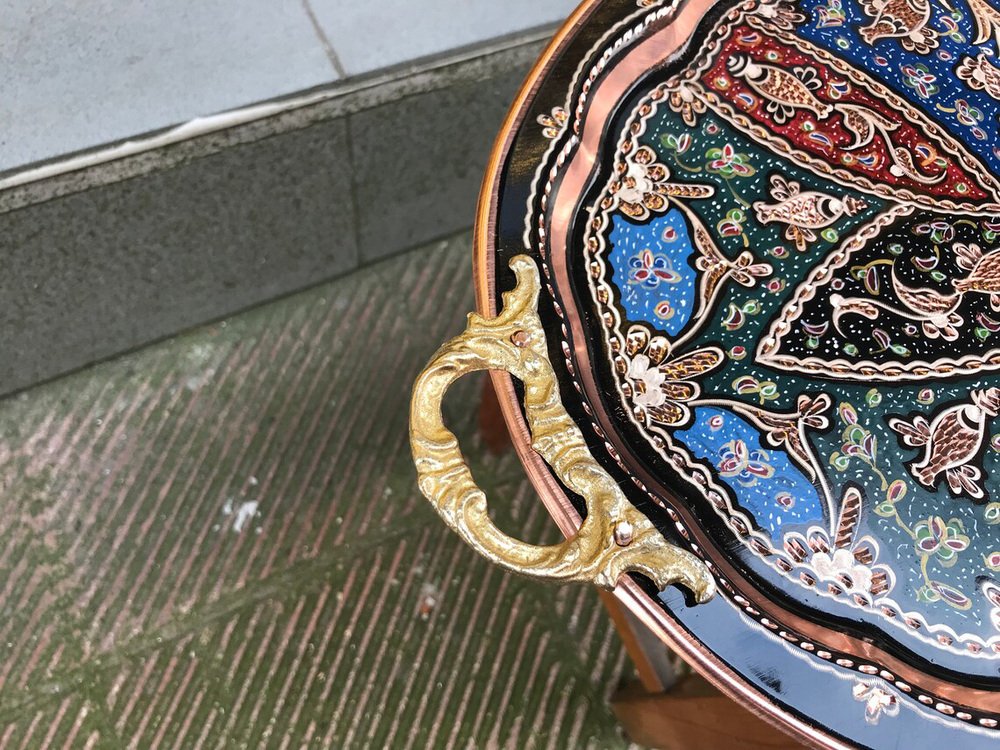Hand Carved Copper Tray with Handles for sale at Pamono