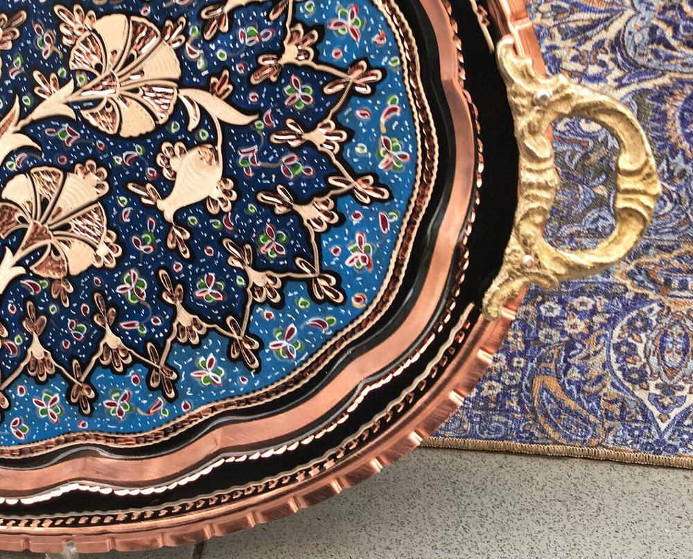 Hand Carved Floral Blue Clove Design Copper Tray with Handles for sale ...