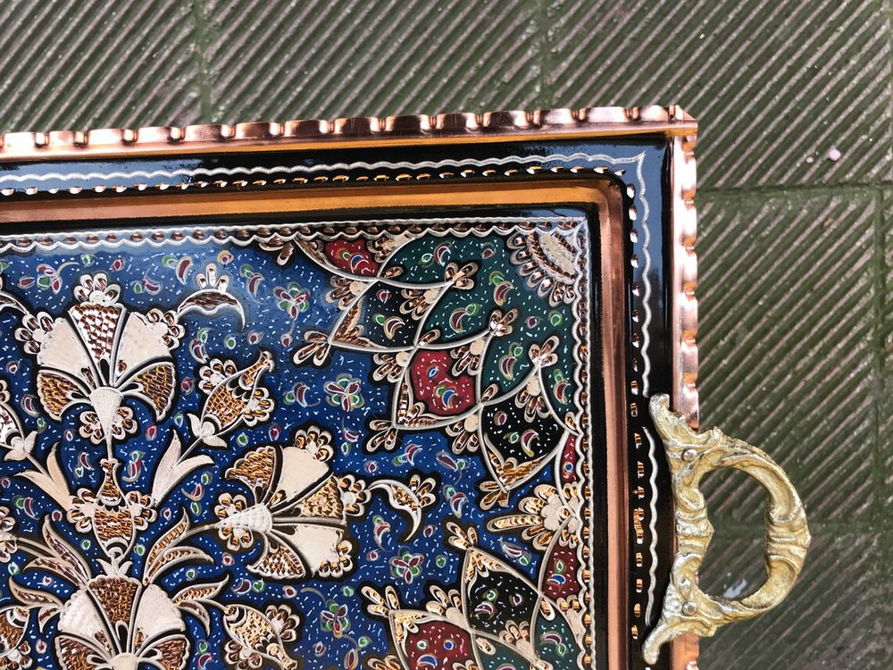 Rectangular Carved Copper Serving Tray with Handles for sale at Pamono