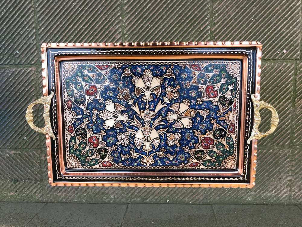 Rectangular Carved Copper Serving Tray with Handles for sale at Pamono