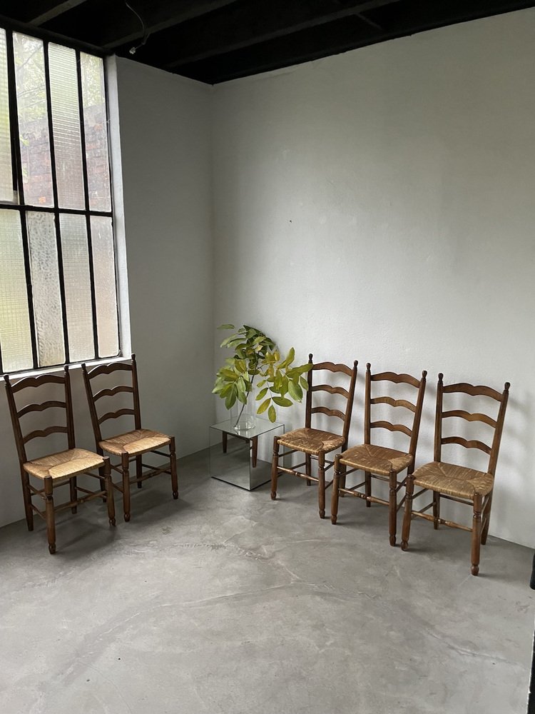 Vintage Oak and Straw Chairs, 1950s, Set of 5 for sale at Pamono