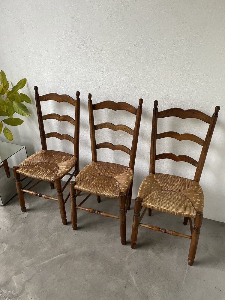 Vintage Oak and Straw Chairs, 1950s, Set of 5 for sale at Pamono