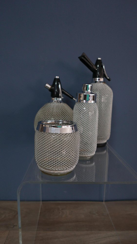 Round Glass & Metal Mesh Soda Bar-Syphons from Merkuria Kovocas, 1950s ...