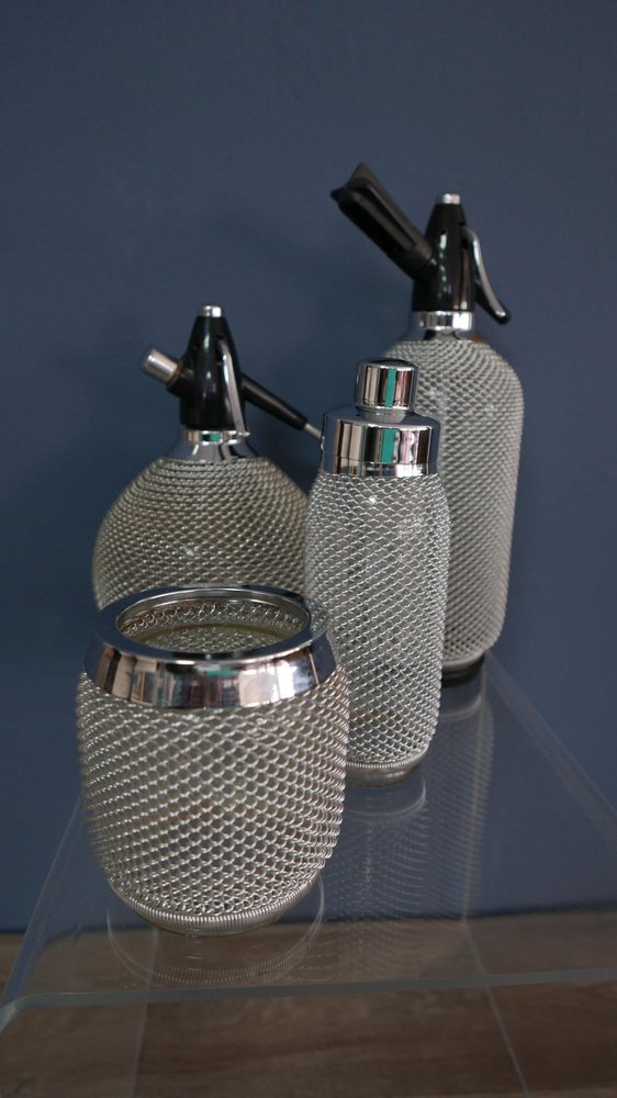 Round Glass & Metal Mesh Soda Bar-Syphons from Merkuria Kovocas, 1950s ...