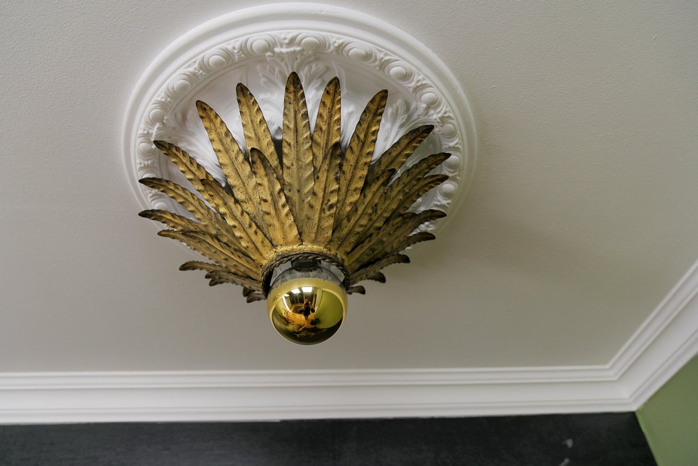 Hollywood Regency Gilt Metal Sunburst-Shaped Crown Ceiling Light, 1960s ...