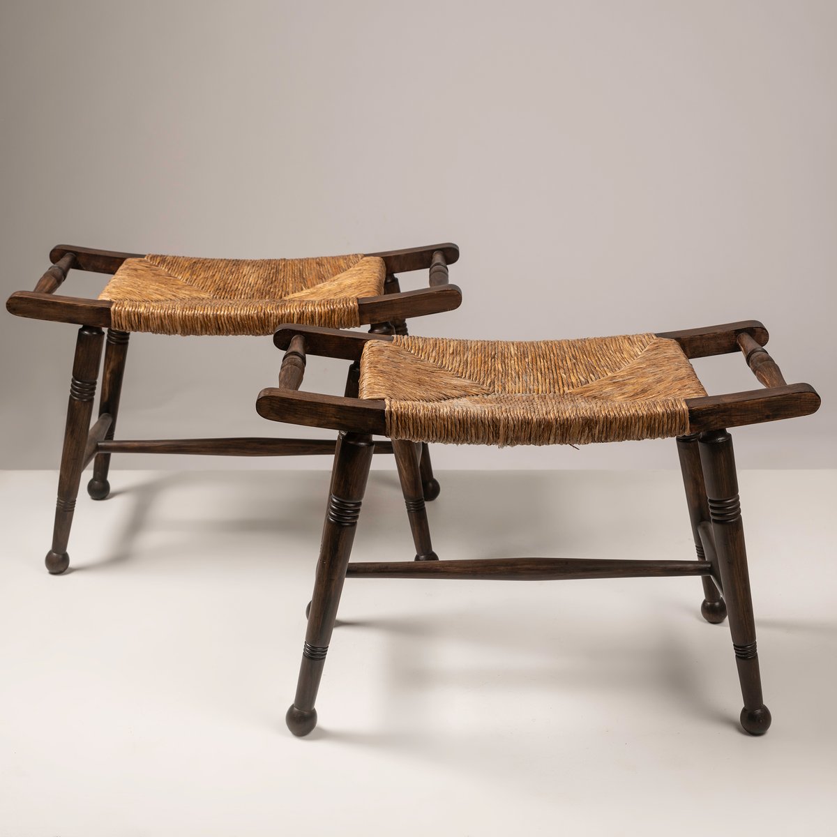 Arts and Crafts Style Stools in Turned Wood and Rattan, 1890s, Set of 2 ...