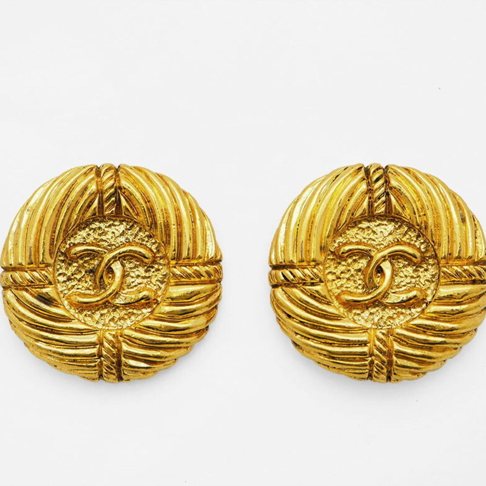 93P Round Coco Earrings in Gold Rope Pattern from Chanel, Set of 2 for ...