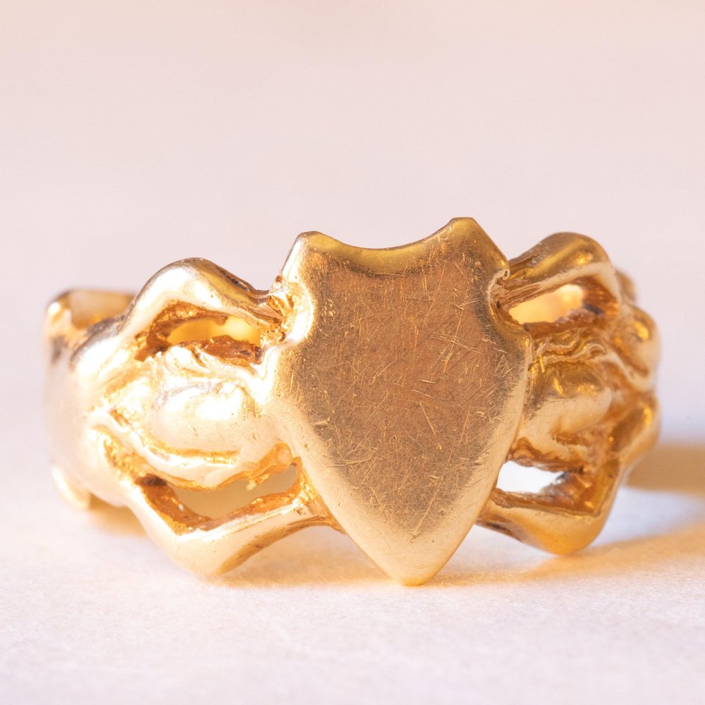 Vintage 18k Yellow Gold Ring Decorated with Shield and Two Mermaids ...