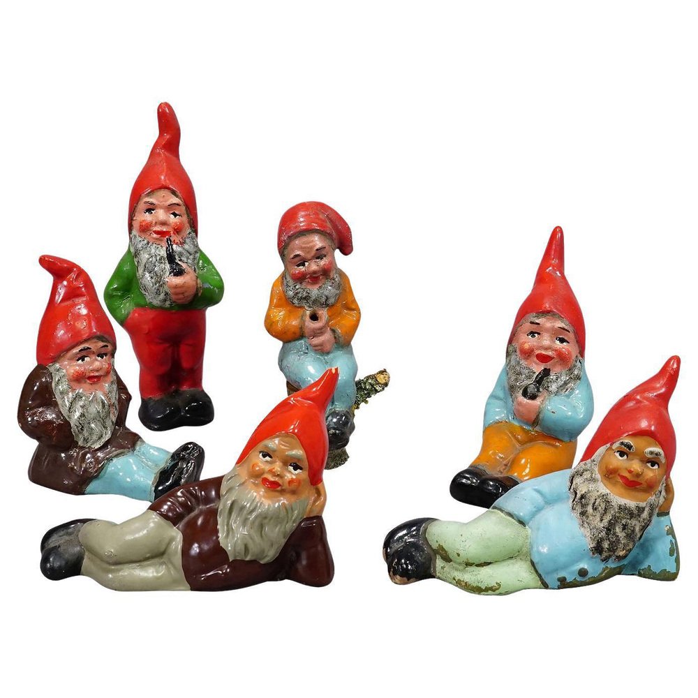 Tiny Terracotta Garden Gnomes, Germany, 1950s, Set of 6 for sale at Pamono