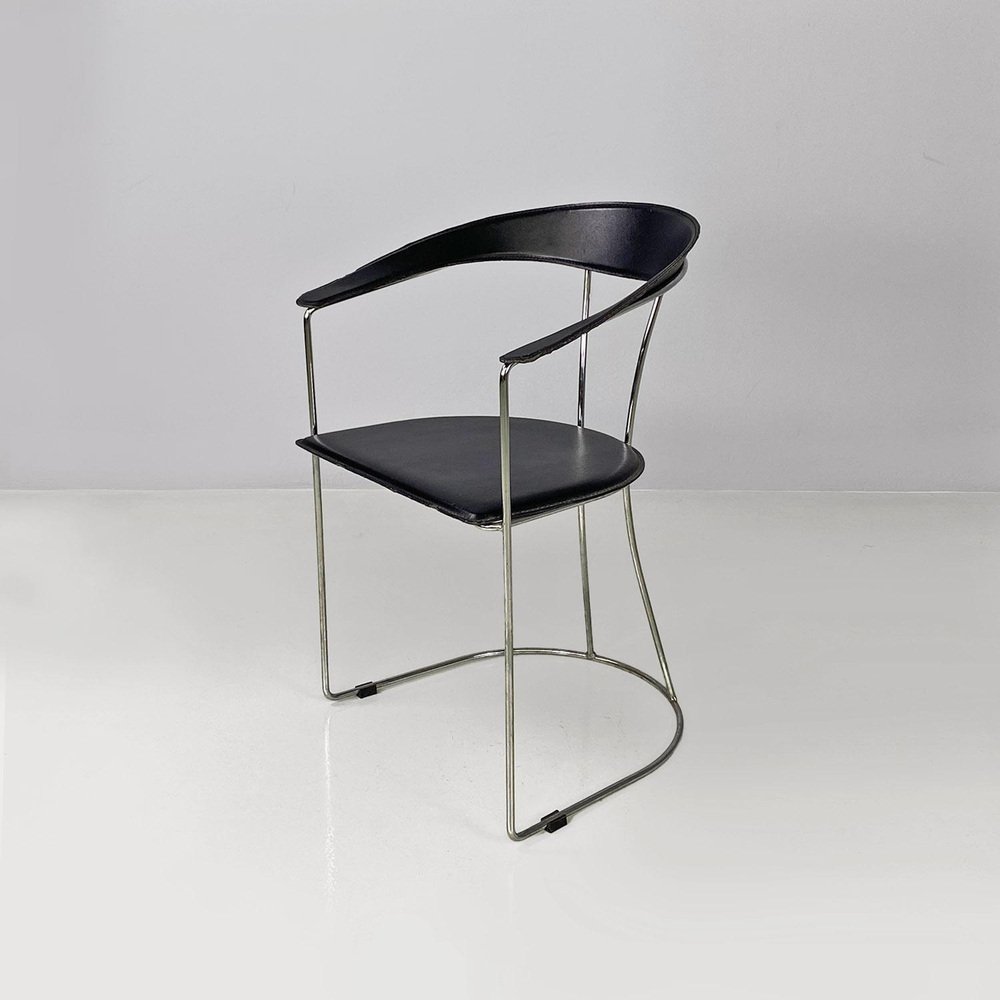 Italian Modern Chromed Metal and Black Leather Curved Shape Chairs ...