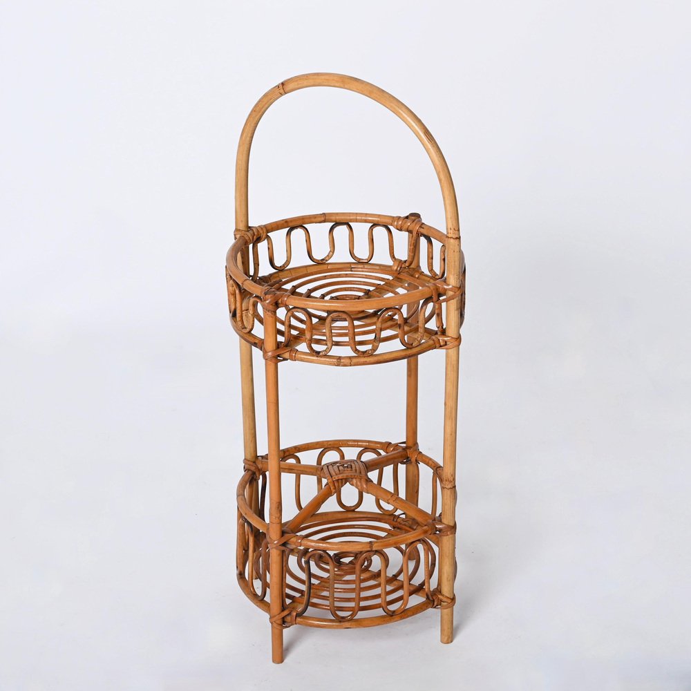 French Riviera Round Service Table with Bamboo and Rattan Bottle Holder ...
