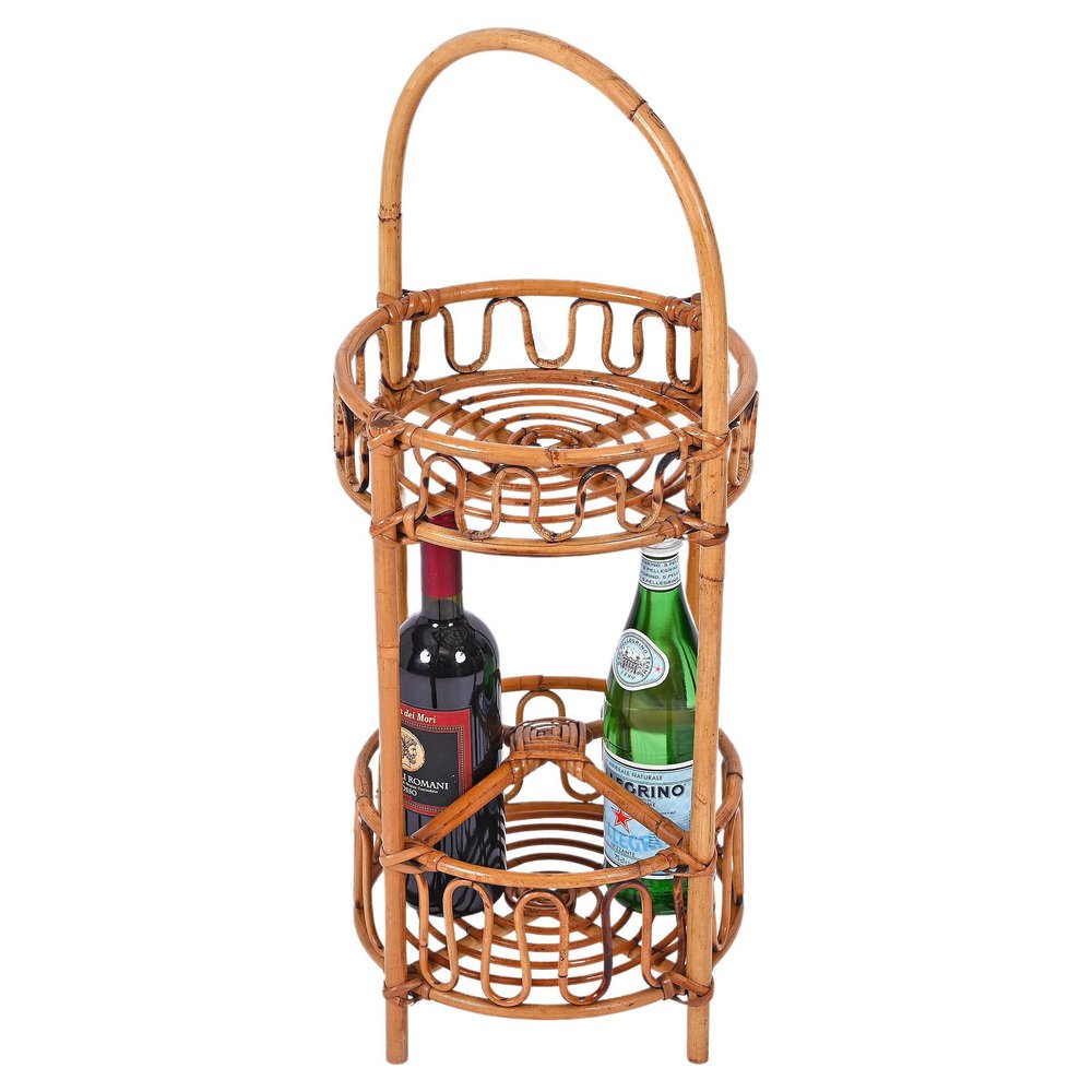 French Riviera Round Service Table with Bamboo and Rattan Bottle Holder ...