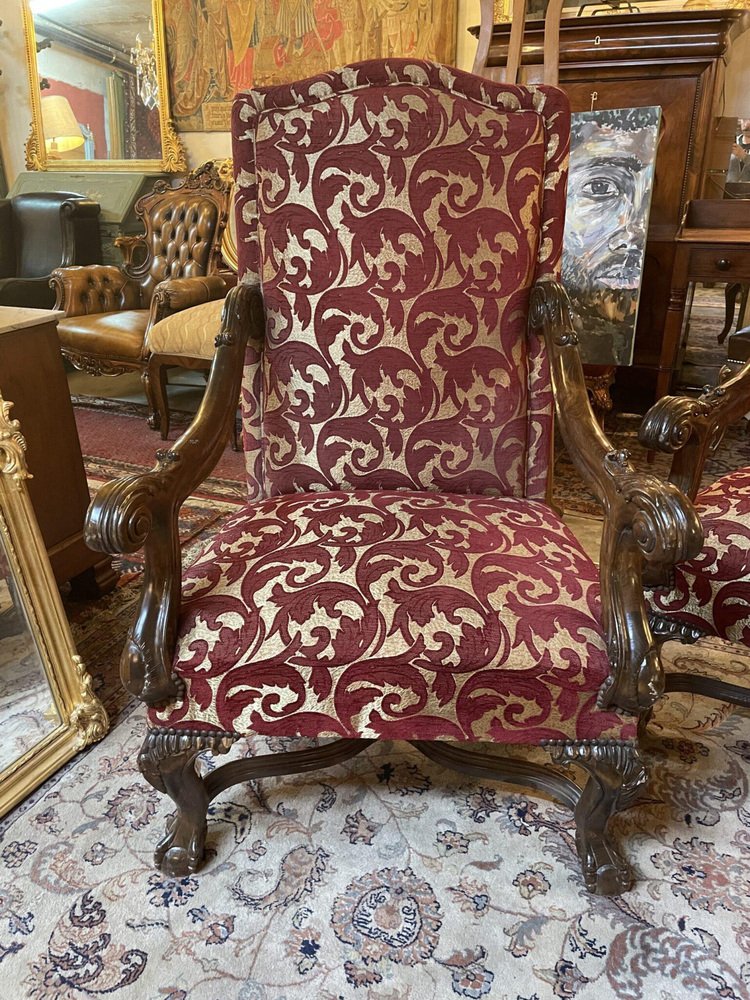 Set of Carved Upholstered High Back Chairs for sale at Pamono
