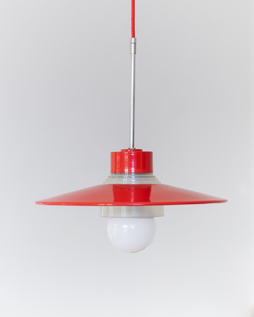 Danish Ceiling Light in Red Metal and Glass by Ettore Sottsass, 1960s ...
