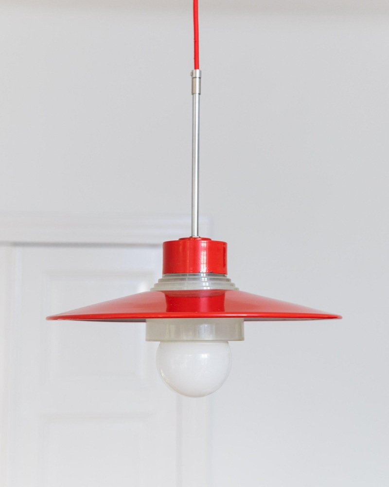 Danish Ceiling Light in Red Metal and Glass by Ettore Sottsass, 1960s ...