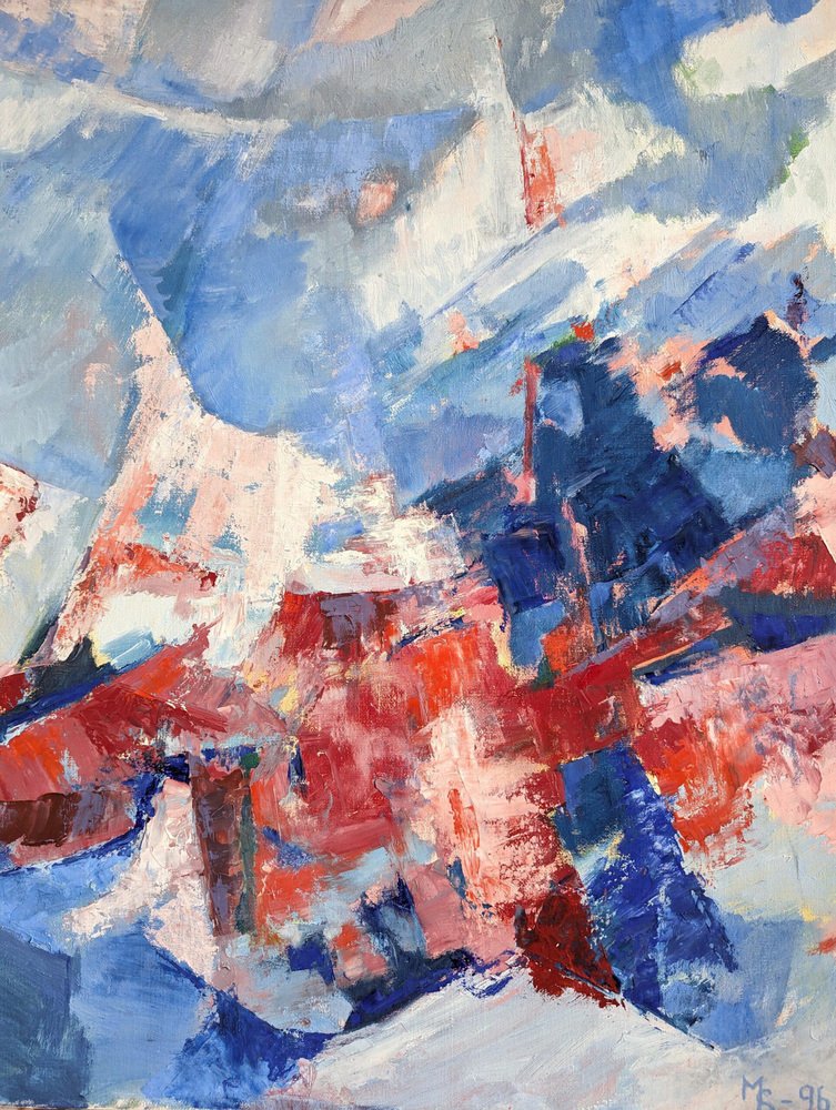 Blue & Red, Oil Painting, 1950s, Framed for sale at Pamono