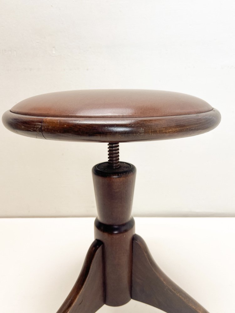 Art Deco Adjustable Oak and Leather Piano-Stool, 1930s for sale at Pamono