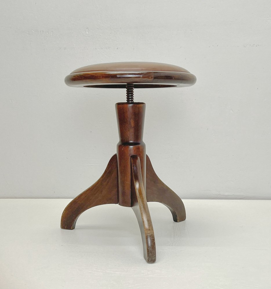 Art Deco Adjustable Oak and Leather Piano-Stool, 1930s for sale at Pamono