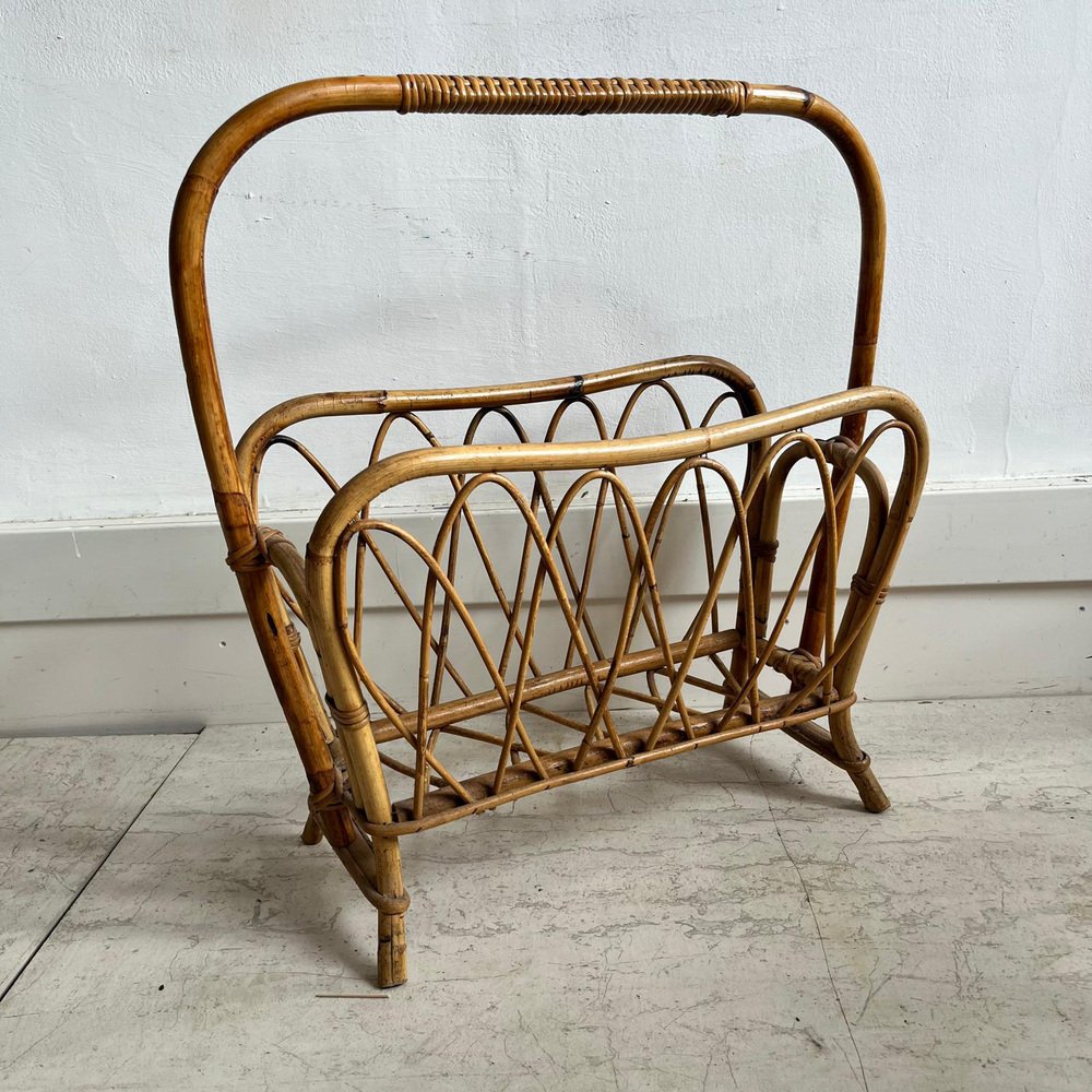 Large Bamboo and Cane Magazine Rack, 1960s for sale at Pamono